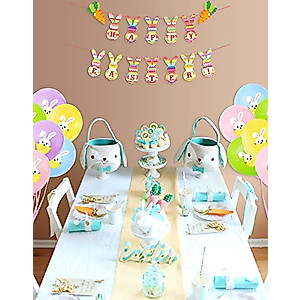 Easter Banner and Balloons Decorations, Happy Easter Bunny Banner Garland and 20 Pcs Bunny Pattern Balloons for Easter Home Decor Party Supplies (A)