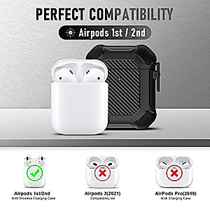 Maxjoy for AirPods Case, Carbon Fiber Secure Lock Clip Full Body Shockproof Hard Shell Protective Case Cover with Keychain for AirPod 1st and 2nd Generation Wireless Charging Case, Black