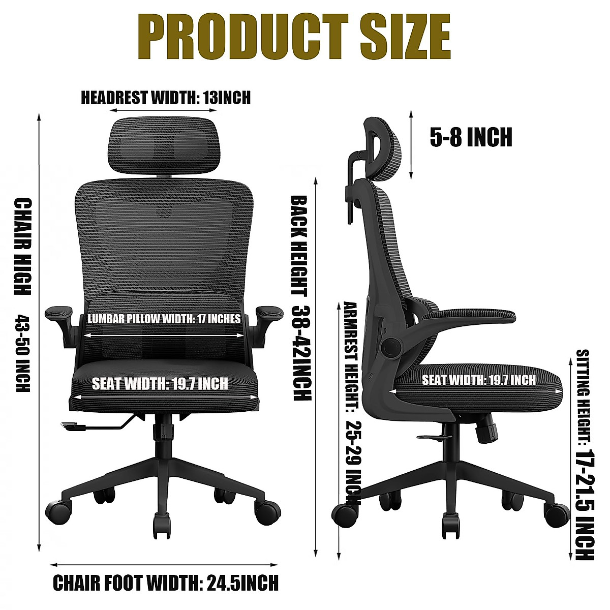 XUEGW Ergonomic Mesh Office Chair Computer Desk Chair with FILP up Armrest Gaming Chair with Lumbar Support Adjustable Headrest Height Swivel Chair for Home and Office