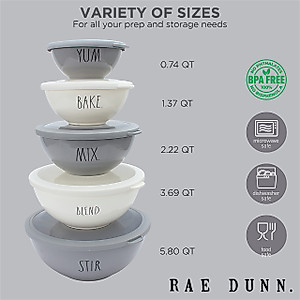Rae Dunn Mixing Bowls with Lids - 10 Piece Plastic Nesting Bowls Set includes 5 Prep Bowls and 5 Lids (Grey)