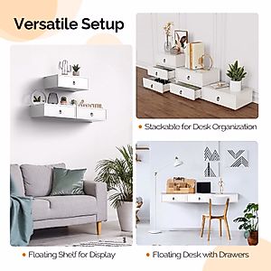 VINGLI Floating Nightstand with Drawer Set of 2, Floating Bedside Table, Wall Mounted Nightstand, Hanging Nightstand White for Bedroom, Floating Wood Night Stand/Side Table, Floating Nightstands