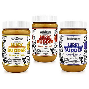 BUDDY BUDDER Bark Bistro Company, Superberry Snoot + Barkin Banana + Pumpkin Pup, 100% Natural Dog Peanut Butter, Healthy Dog Treats - Made in USA (Set of 3 / 17oz)