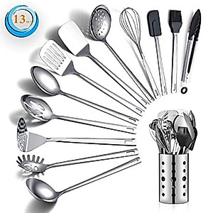 Berglander Stainless Steel Cooking Utensils Set, 13 Pieces Kitchen Utensils Set, Kitchen Tools Set with Utensil Holder Non-Stick and Heat Resistant,Dishwasher Safe, Easy to Clean (13 Packs)