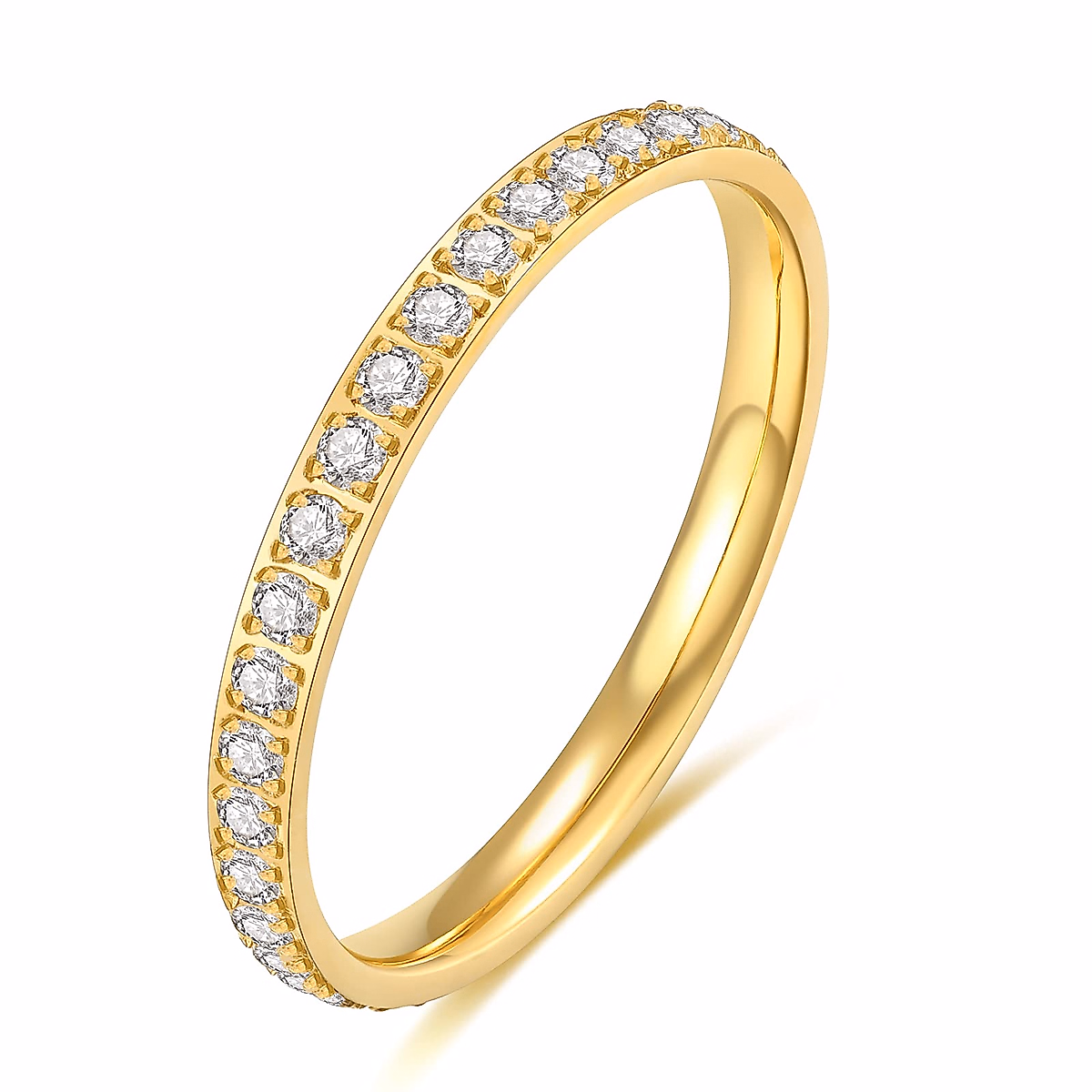 KAZITSAN 2mm Stainless Steel Eternity Rings for Women Cubic Zirconia Gold Engagement Wedding Band Size 8