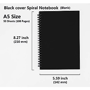 Wotion A5 Black Spiral Notebook Blank Sketchbook Unruled Journal Pack,Thick Blank Paper 50 Sheet 100 Unlined Pages 5.59“ x 8.27” 5 Pack…