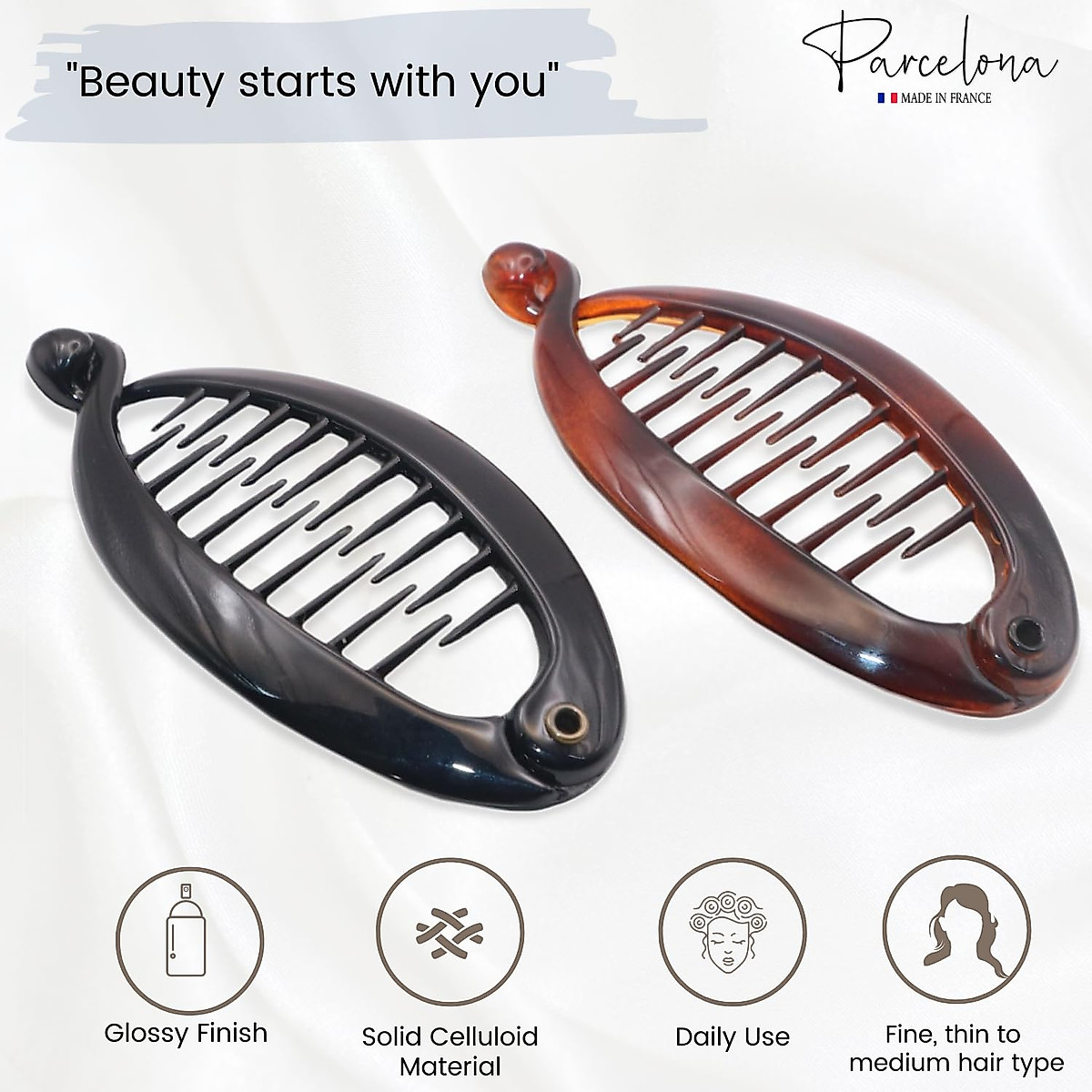 Parcelona French Effortless Mini Small Pair of Brown Tortoise Shell N Black Banana Hair Clip for Fine Hair