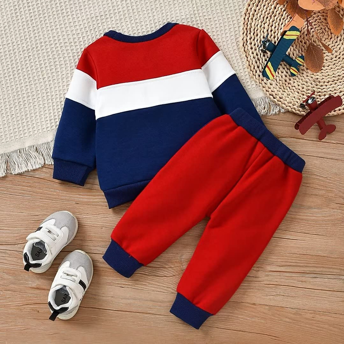 12-18 Months Boy Clothes Toddler Infant Long Sleeve Multi-Color Sweatshirt Tops + Pants Fall Winter Outfit Set 2Pcs,Red navy boy clothes 12-18M/110cm
