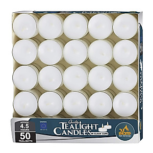 Ner Mitzvah Tea Light Candles - 50 Bulk Pack - White Unscented Tealight Candles in Clear Cup - Long Burning - 4.5 Hour