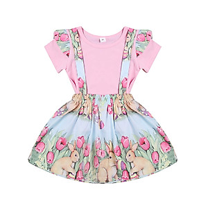 Toddler Baby Girl Easter Clothes Solid Color Short Sleeve T-Shirt Top Bunny Floral Print Suspender Skirt Outfits (Blue, 4T / 5T)