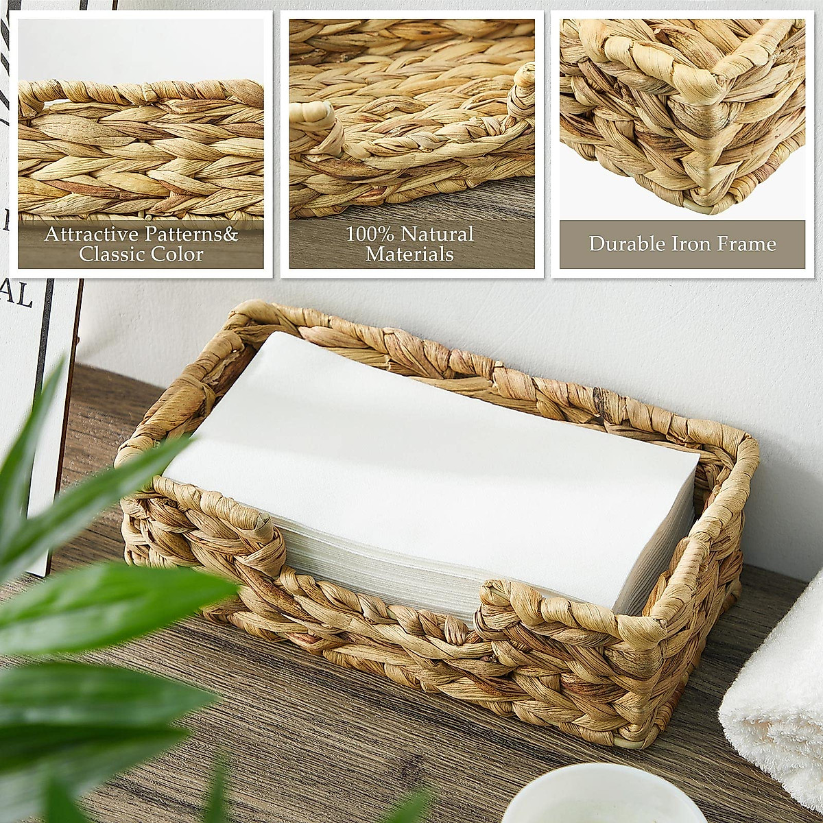 2 Pieces Water Hyacinth Napkin Holder Rectangle Wicker Baskets Rustic Wicker Paper Hand Towels Storage Tray Woven Bathroom Napkin Holder Tray for Kitchen Dining Bathroom Vanity Countertop