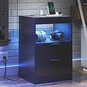 Tiptiper Black Nightstand with Wireless Charging Station and LED Lights, Bedside Table with 2 Drawers, Open Storage, 1 Pull-Out Tray, End Side Table with Charging Station, LED Night Stand with Storage