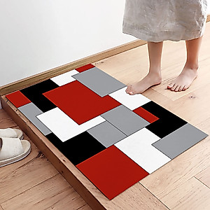 Geometry Abstract Art Kitchen Rugs Sets 2 Pcs Floor Mats White Grey Black Red Modern Art Geometric Doormat Non-Slip Rubber Backing Area Rugs Carpet Inside Door Mat Pad Sets,16"x 24"+16"x47"