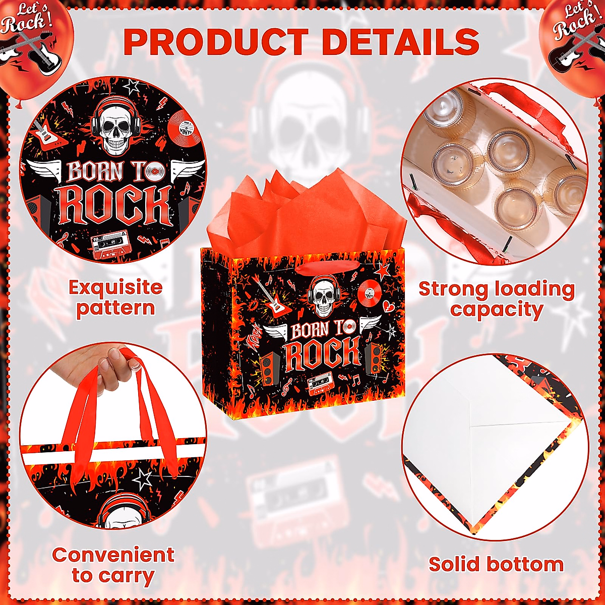 Rock Birthday Gift Bag for Men Women Rocking Music Gift Bag for Boys Girls with Card Tissue Paper, Skeleton Skull Wrapping Paper Bag for Guitar Rock and Roll Party Decorations 1950's 50s 60s Themed