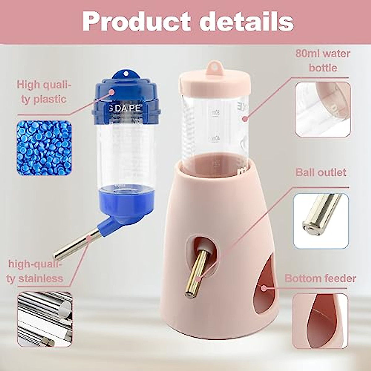 CALIDAKA 2 Pcs 80 ml Hamster Water Bottle Set, 1 Freestabding Waterer and 1Cage Hanging Waterer, No Drip Gerbil Water Feeder, for Hamster Gerbils Mice Degus Hedgehog Small-Sized Pet(Pink)