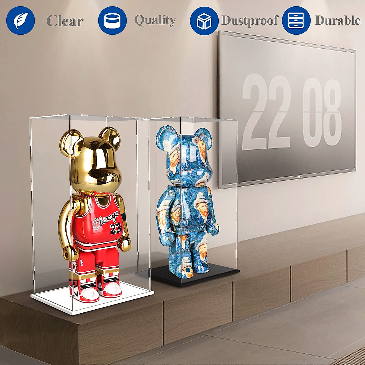 DuvinDD Acrylic Display Case for Large Collectibles, 29 inch Tall Clear Display Box for Bearbrick 1000% Lego 10341 Doll Figure Dustproof Protective Showcase Stand, Assemble Acrylic Box with Black Base