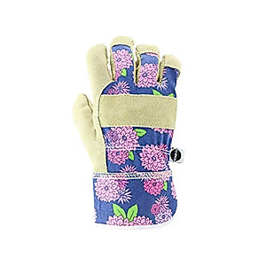 Miracle-Gro MG23012/WML Split Cowhide Garden Gloves – Floral, Medium-Large, Canvas Back Leather Palm Gloves for Women