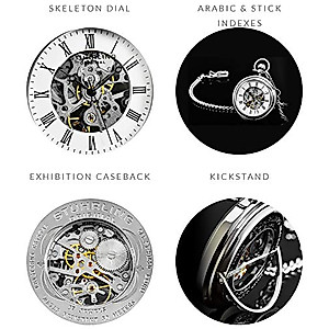 Stuhrling Original Men's Pocket Watch Stainless Steel Analog Skeleton Watch Hand Wind Mechanical Movement Stainless Steel Chain