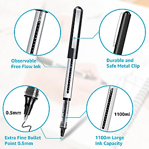 Rollerball Pen Fine Point Pens: 16 Pack 0.5mm Extra Thin Fine Tip pens Black Gel Liquid Ink, Rolling Ball Point Writing Pens for Note Taking, Signature, Office, Journaling, Stationary Supplies