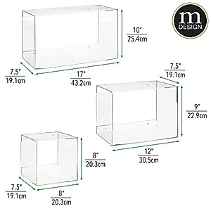 mDesign Floating Wall Mounted Shelves, Decorative Acrylic Geometric Square/Rectangle Display for Photos, Plants, Decor - Shadow Box for Bedroom, Office, Bathroom, Lexa Collection, Set of 3, Clear