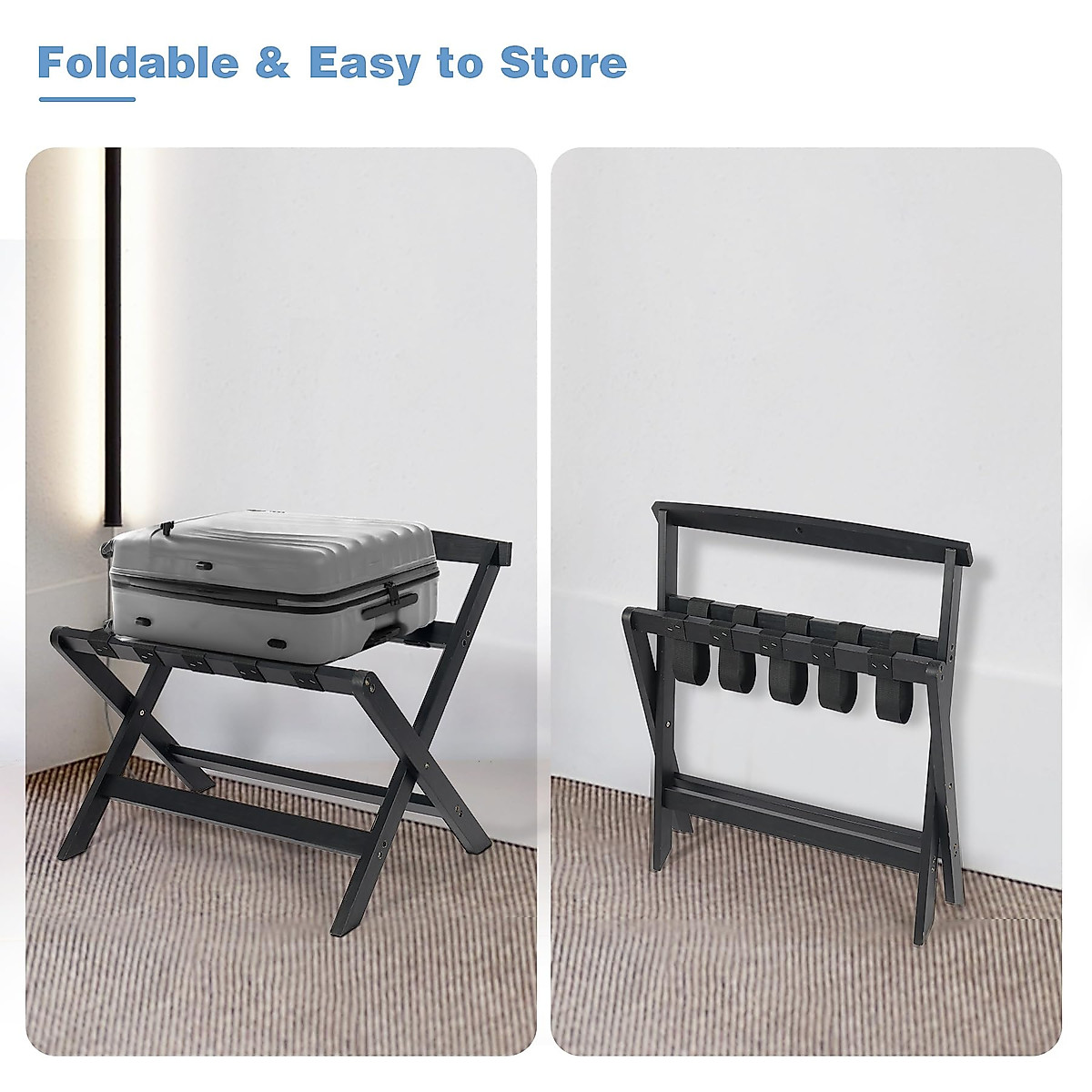 ALAPUR Bamboo Luggage Rack for Guest Room, Folding Luggage Holder with Storage Shelf , Suitcase Stand for Bedroom,Guest Room,Hotel，Black