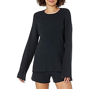 The Drop Women's Alice Crewneck Back Slit Ribbed Pullover Sweater, Black, M