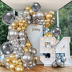 124Pcs Silver and Gold Garland Balloons Metallic Balloon Arch Kit Chrome Silver balloon Disco Ball decorations for Disco Party 60th Birthday Graduation Galaxy Alien Party
