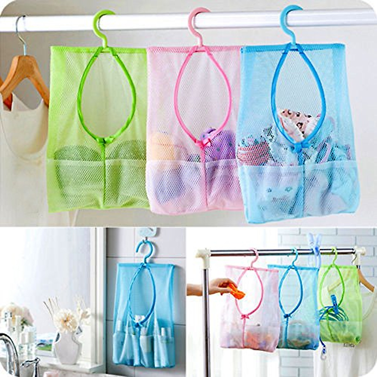 YJYdada Bathroom Storage Clothespin Mesh Bag Hooks Hanging Bag Organizer Shower Bath New (Pink)
