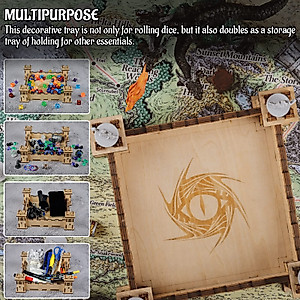 DIY Wood Square Dice Holder Cool 3D Castle Design Carved Dragon Eye - Easy Rolling Dice Tray for DND, RPG and Board Game