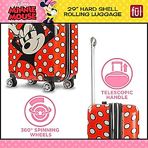 FUL Disney Minnie Mouse 29 Inch Rolling Luggage, Polka Dot Printed Hardshell Suitcase with Wheels, Red