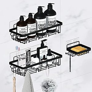 AilyHooms Shower Caddy Bathroom Shower Organizer - 3 Pack Adhesive Shower Shelves With 18 Hooks - No Drilling Wall Mounted Shower Storage Stainless Steel Rustproof Basket Rack for Bathroom Kitchen