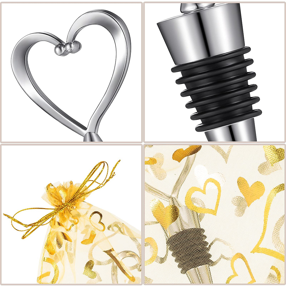 50 Pieces Heart Shaped Wine Stopper Wedding Favors for Guests Love Beverage Bottle Stopper with 50 Pieces Golden Organza Bags for Engagement Souvenir Gifts Bridal Shower Party Supplies