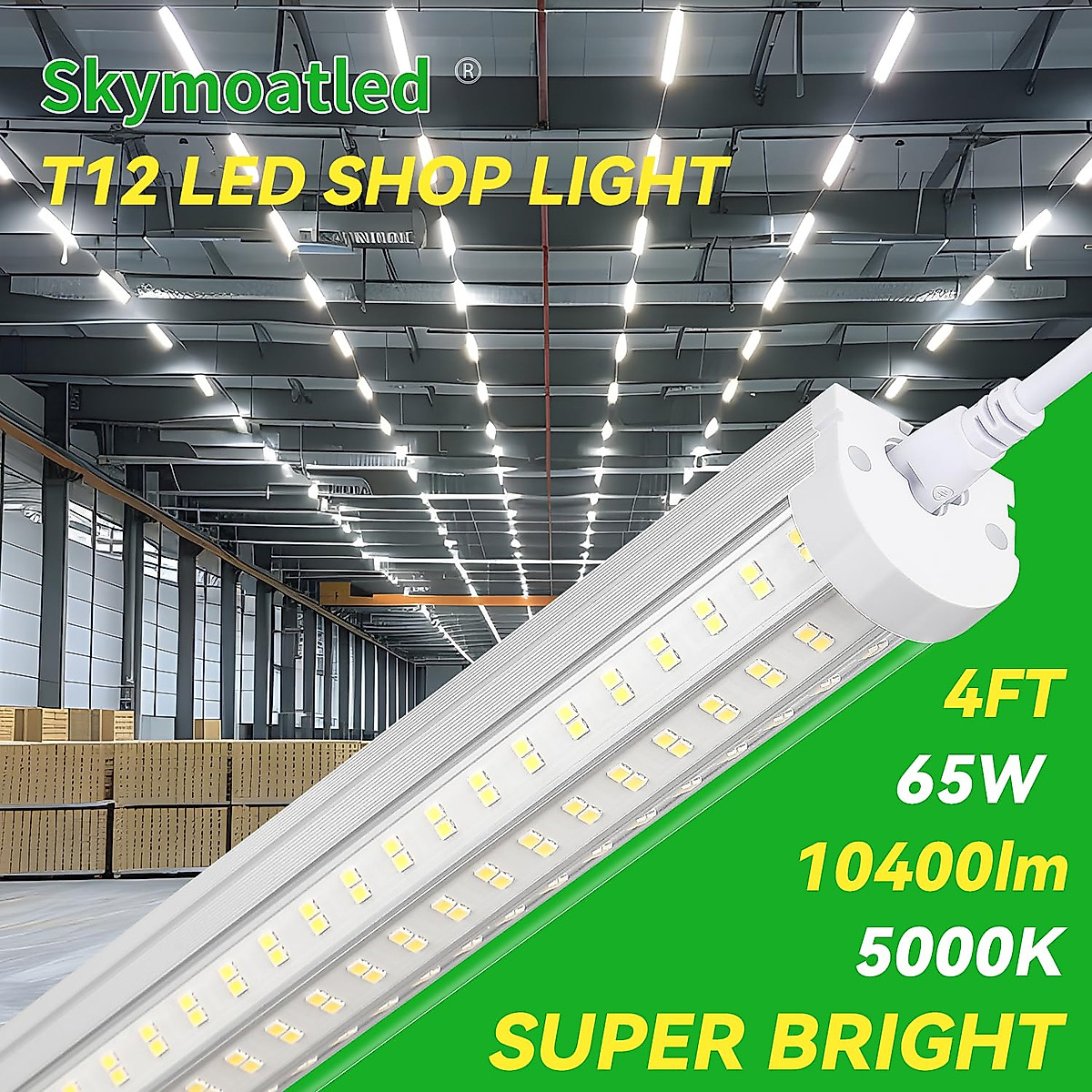 Skymoatled T12 4FT LED Shop Lights Garage Lights,65W 5000K 10400LM Daylight Color,Hanging/Surface Mount,Super Bright,Plug and Play,Linkable LED Shop Lights for Warehouse Workshop Basement,6Pack
