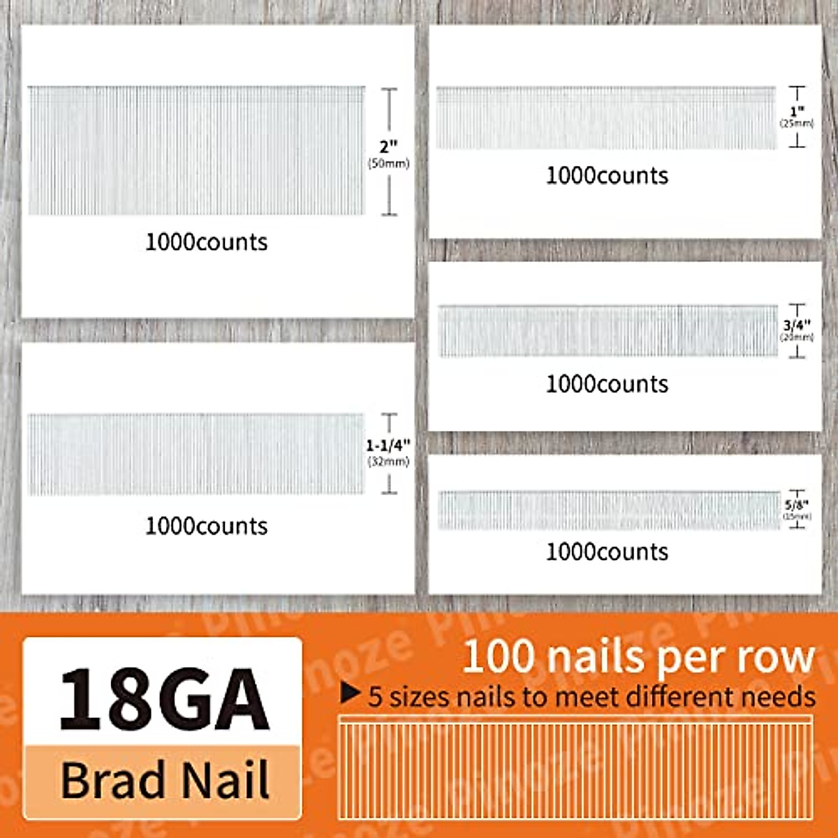 PINOZE 18 Gauge Brad Nails Galvanized, 5000-Count (2”, 1-1/4”, 1”, 3/4”, 5/8 Inch) 18GA Nail Gun Nails Assorted and Small Finishing Nails Assortment for Pneumatic, Electric Brad Nailer Gun