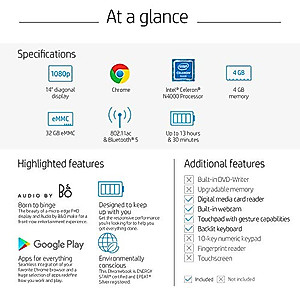 HP Chromebook 14-inch FHD Laptop, Intel Celeron N4000, 4 GB RAM, 32 GB eMMC, Chrome (14a-na0050nr, Mineral Silver)