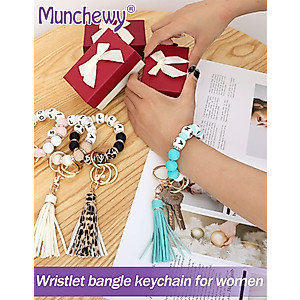 Munchewy Personalized Key Ring Bracelet Wristlet Keychain with Name, Car Keychain Holder Silicone Beaded Bracelet Keychain Bangle Chains with Leather Tassel Keyrings for Women(Turquoise)