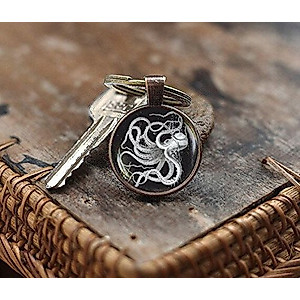 Vintage Octopus Keychain, Octopus Keychain, Octopus Jewelry, Sea Life Keychain, Nautical Keychain, Vintage Graphic Keychain, Men's Keychain Brown