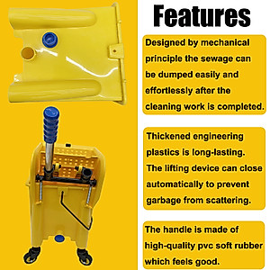 HQHAOTWU Mop Bucket Thickened Plastic Extrusion Water Bucket 20L Commercial Mop Extrusion Water Bucket Yellow Wastewater Separation Draining Bucket with Universal Castors Handle Drainage Outlet