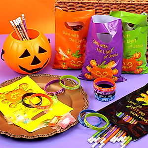 Paterr 105 Pcs Religious Halloween Party Favors 35 Christian Pumpkin Plastic Bags 35 Christian Halloween Pencil 35 Religious Bible Rubber Wristband for Religious Halloween Trick or Treat Party