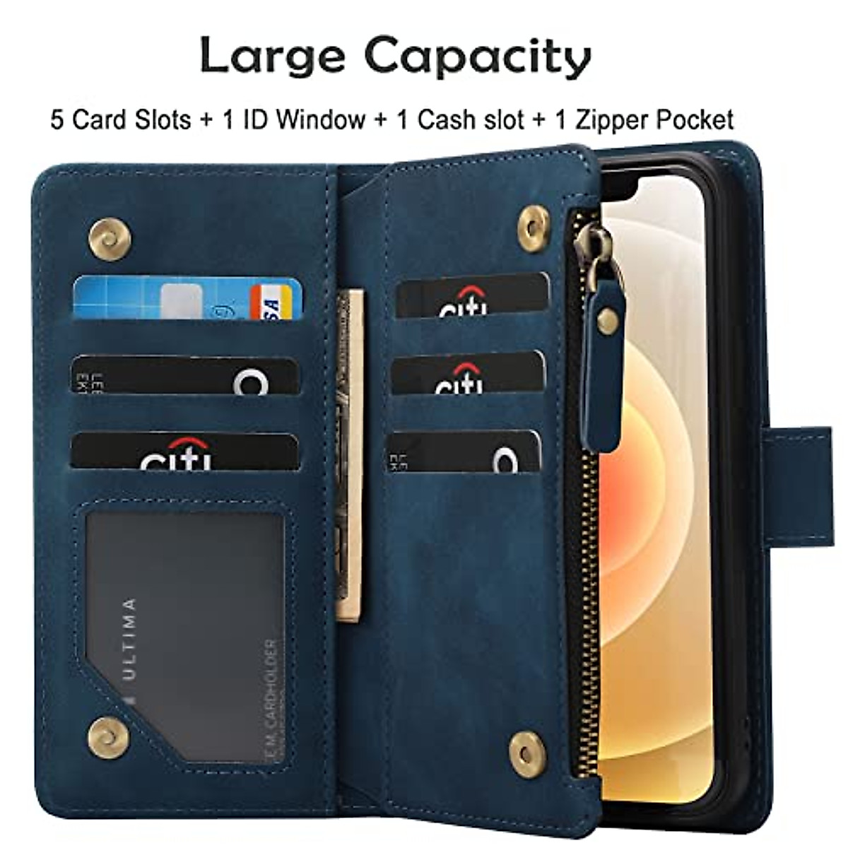 RANYOK Wallet Case Compatible iPhone 12 Pro Max (6.7 inch), Premium PU Leather Zipper Flip RFID Blocking Wallet with Wrist Strap Magnetic Closure Built-in Kickstand Protective Case - Blue