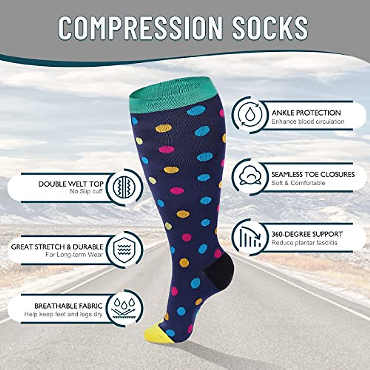 American Trends Plus Size Compression Socks for Women Circulation-Best Support for Sport Running Cycling Athletic 1 Pair Polka-Dot 4XL