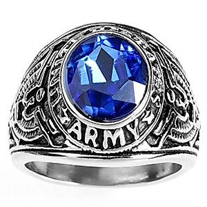 HIJONES Men's Stainless Steel United States Army Ring with Red Stone, Blue Size 10