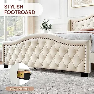 King Size Upholstered Platform Bed Frame with Tall Headboard 47.2" , King Bed with Velvet Button Tufted & Nailhead Trim Wingback Headboard, Luxurious Arched Footboard, No Box Spring Needed, Beige