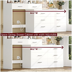 Irontar Vanity Desk with Lighted Mirror and 3-Color LED Strip, Makeup Vanity Table with 8 Drawers & 4 Open Shelves, Side Cabinet with Width Adjustable, Makeup Desk for Women, White WDT011W