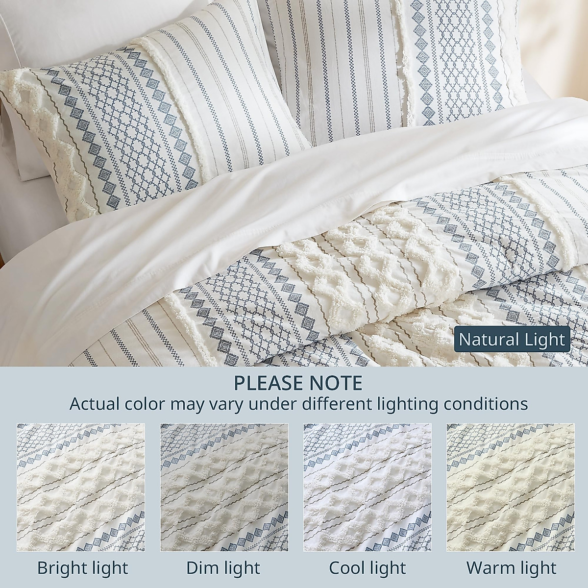 INK+IVY Comforter for Queen Size Bed, Chenille Tufted, Breathable Cotton Comforter Set Queen, All Season Modern Boho Comforter with Farmhouse Bedding Flare, 2 Matching Shams, Queen White/Navy 3 Piece