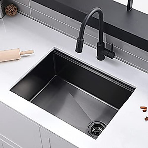 25 Inch Undermount Workstation Kitchen Sink, Gabhar Black Stainless Steel Kitchen Sink with Offset Drain