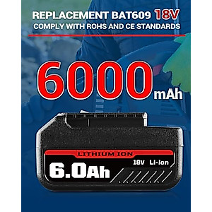 2Pack BAT609 6000mAh 18V Battery and Charger Kit Replacement for Bosch 18 Volt Battery Li-ion Compatible with Bosch 18v Battery & Charger Combo Starter Kit BAT609G BAT610G BAT611 BAT612 BAT618 BAT618G