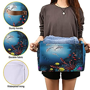 Sea Ocean Animal Dolphin Fish Storage Bin Canvas Toys Storage Basket Bin Large Storage Cube Box Collapsible with Handles for Home Office Bedroom Closet Shelves,1 pc