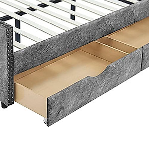 EMKK Full Size Daybed with Drawers Upholstered Tufted Sofa Bed, with Button on Back and Copper Nail on Waved Shape Arms,Storage Platform Bed for Kids Teens and Adults