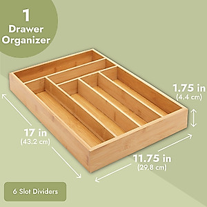 Juvale Bamboo Silverware Drawer Organizer, Wooden Cutlery Tray Holder for Kitchen, Flatware & Utensil Storage with 6 Slots, 17 x 11.75 x 1.75 Inches