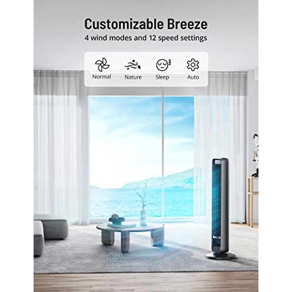PARIS RHÔNE 42 Inch Tower Fan, 90° Oscillating Fan with DC Motor, 28dB 12 Speeds, 4 Modes, Night Light, 12H Timer, Quiet Cooling Bladeless Fan with Remote for Bedroom Living Room & Office